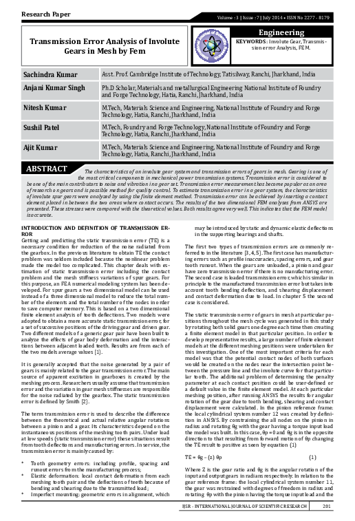 (PDF) Engineering Transmission Error Analysis of Involute Gears in Mesh ...