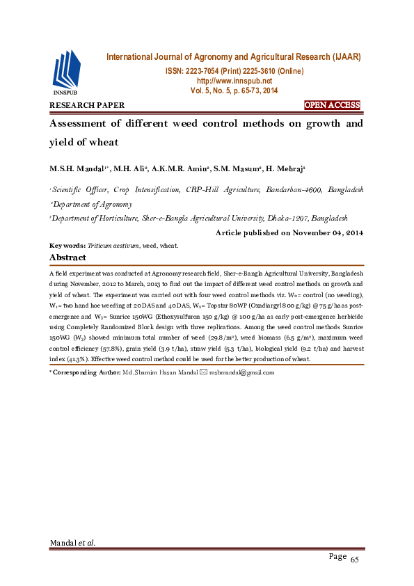 Pdf Assessment Of Different Weed Control Methods On Growth And Yield