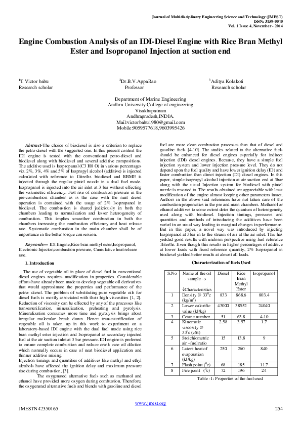 (PDF) Engine Combustion Analysis of an IDI-Diesel Engine with Rice Bran ...