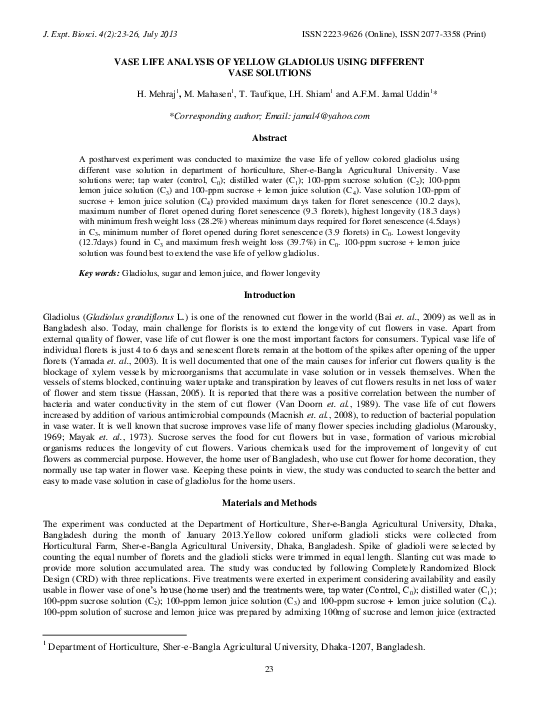 (PDF) Vase life analysis of yellow gladiolus using different vase solution