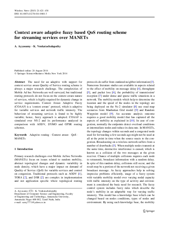 Pdf Adaptive Context Aware Qos Routing For Manets