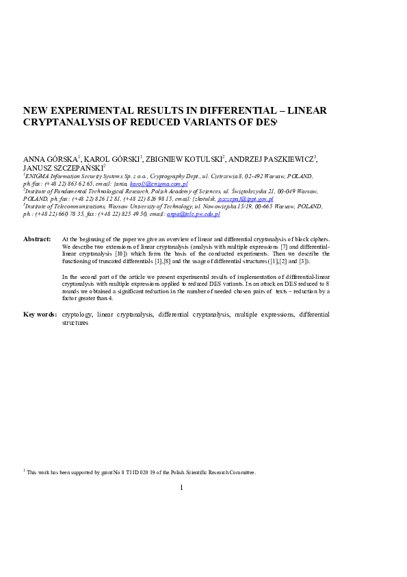 (PDF) NEW EXPERIMENTAL RESULTS IN DIFFERENTIAL - LINEAR CRYPTANALYSIS OF REDUCED VARIANTS OF DES1