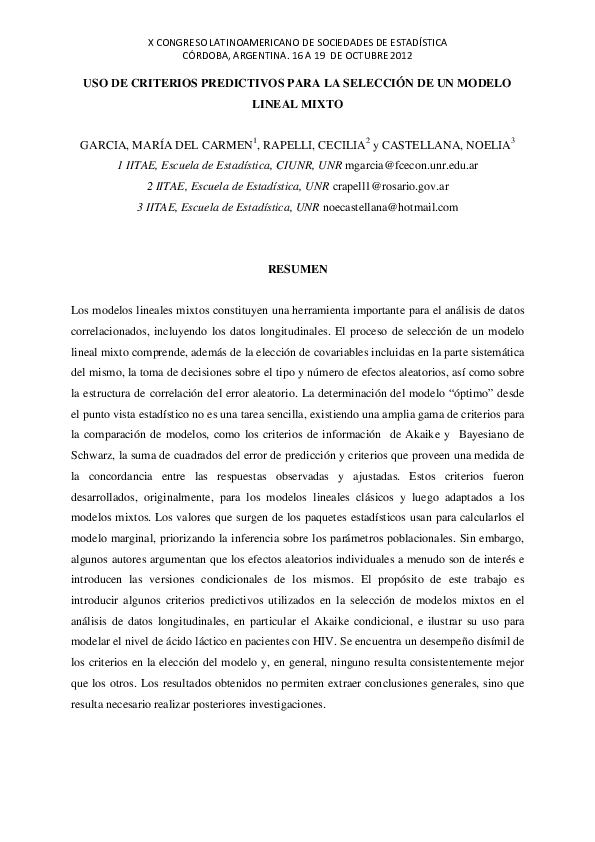 USO DE CRITERIOS PREDICTIVOS PARA LA SELECCIÓN DE UN MODELO LINEAL MIXTO