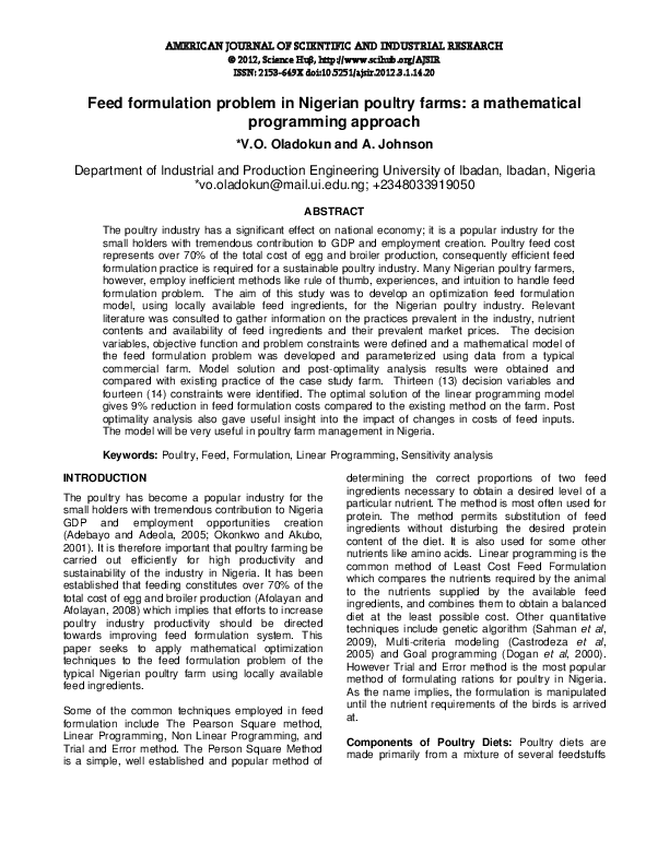 Pdf Feed Formulation Problem In Nigerian Poultry Farms A Mathematical Programming Approach