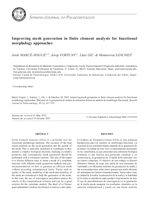 Pdf Improving Mesh Generation In Finite Element Analysis For Functional Morphology Approaches