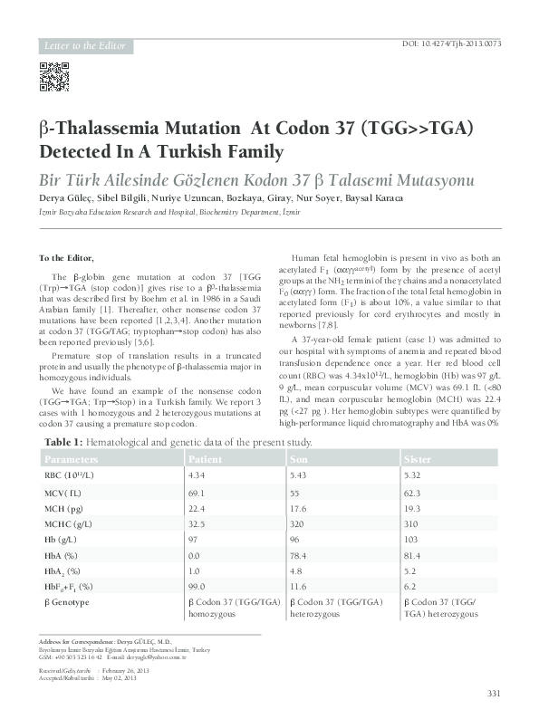 (PDF) β-Thalassemia Mutation At Codon 37 (Tgg>Tga) Detected In A ...