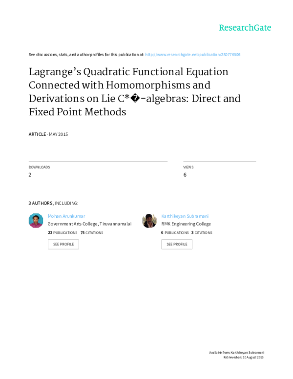 Pdf Lagranges Quadratic Equation In Lie C Algebras