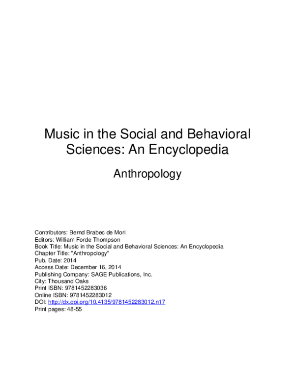 Anthropology (Entry for the Encyclopedia of music in the social and ...