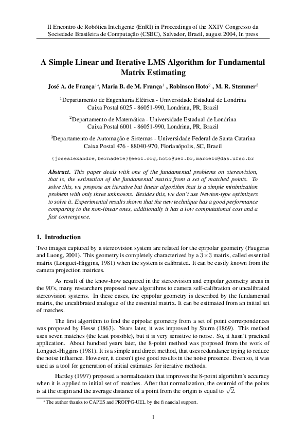 Pdf A Simple Linear And Iterative Lms Algorithm For Fundamental Matrix Estimating