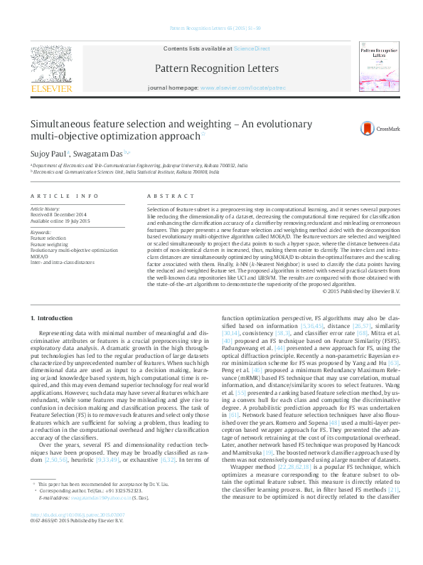 Pdf Feature Selection And Weighting Via Moea D Optimization