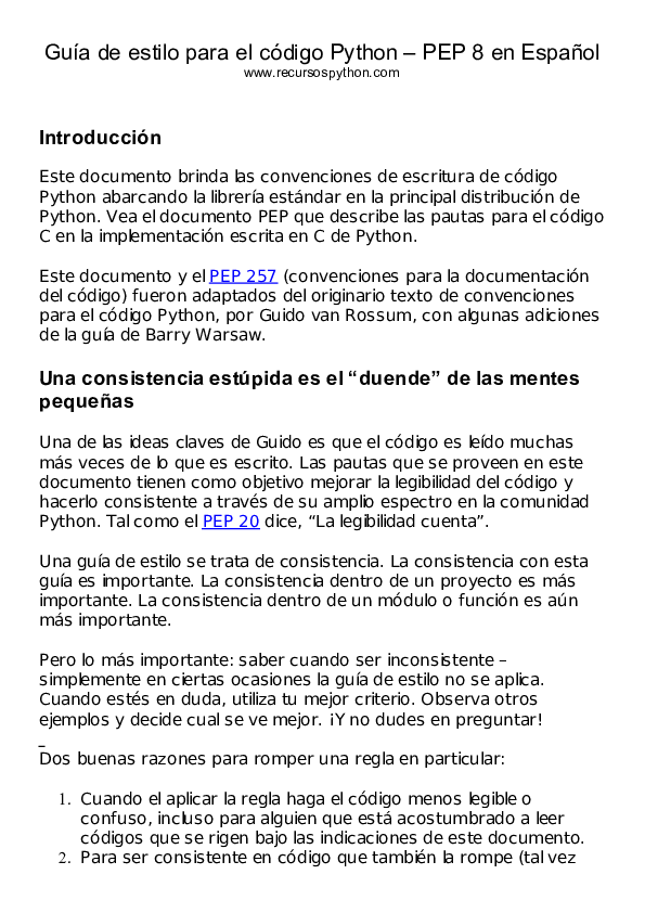 (PDF) Guía de estilo para el código Python – PEP 8 en Español