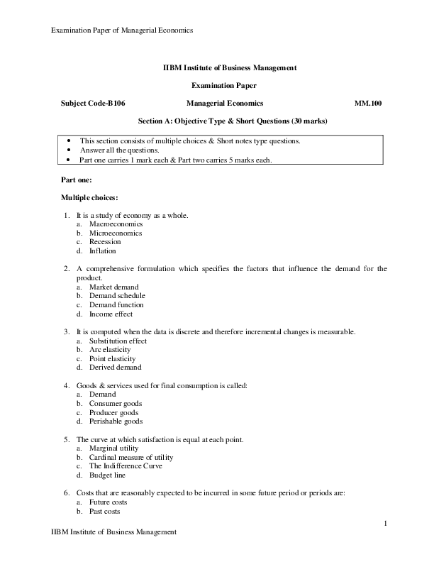 (PDF) Examination Paper of Managerial Economics 1 IIBM Institute of ...