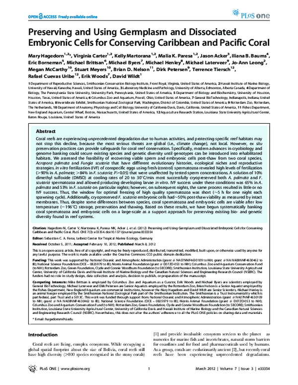 (PDF) Cryopreservation of Coral Germplasm for Conservation