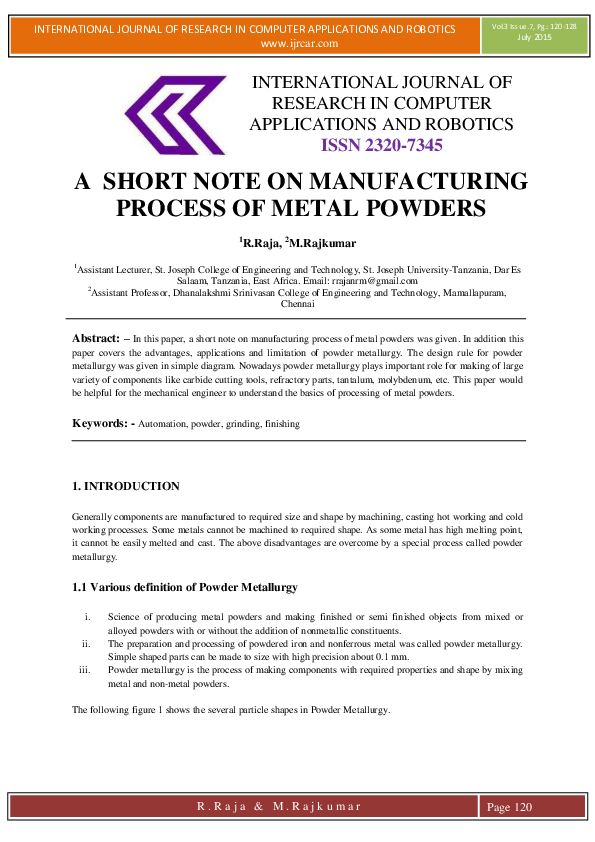 A SHORT NOTE ON MANUFACTURING PROCESS OF METAL POWDERS