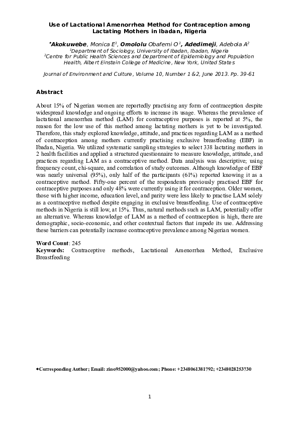 (DOC) Use of Lactational Amenorrhea Method for Contraception among ...