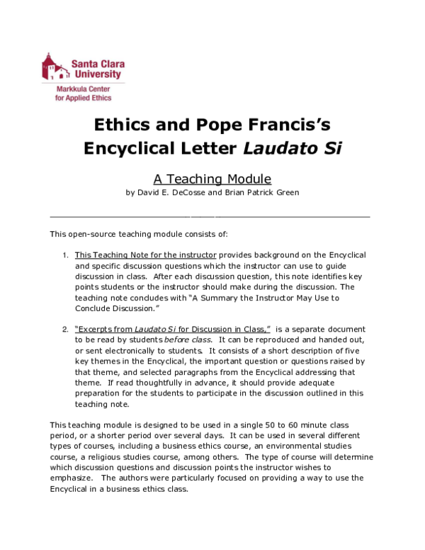 (PDF) Ethics and Pope Francis's Encyclical Letter Laudato Si