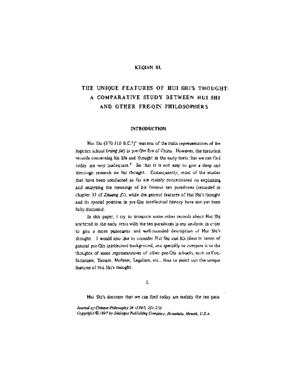(PDF) The Unique Features of Hui Shi's Thought