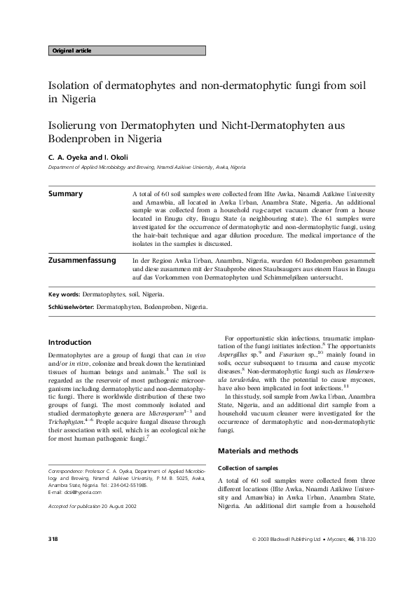 (PDF) Isolation of dermatophytes and non-dermatophytic fungi from soil ...