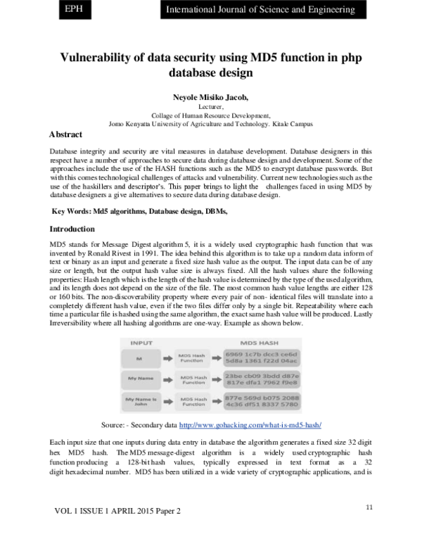 Pdf Vulnerability Of Data Security Using Md5 Function In Php Database Design