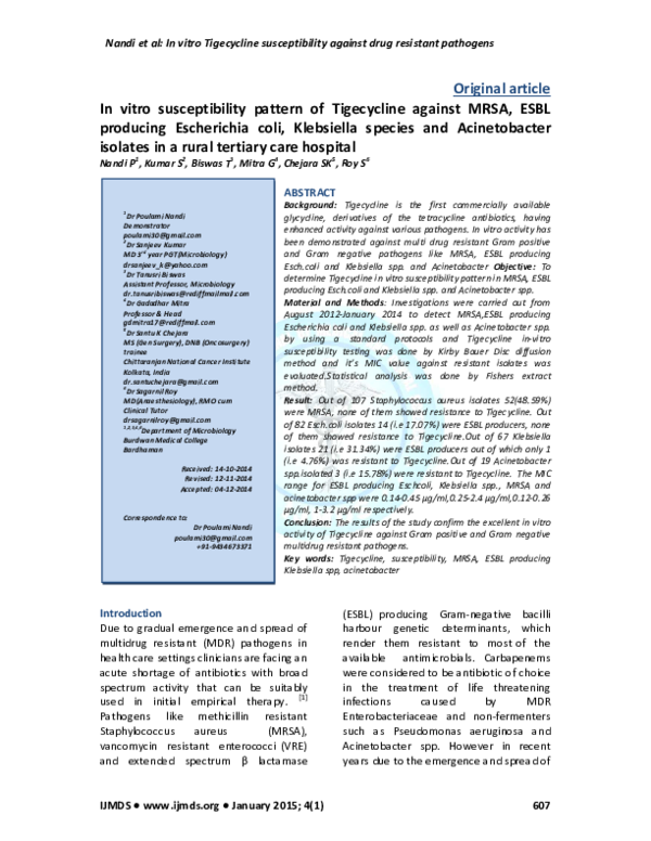 (PDF) In vitro susceptibility pattern of Tigecycline against MRSA, ESBL