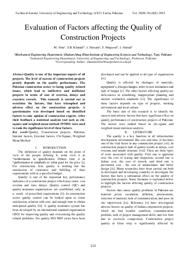 (PDF) Evaluation of Factors affecting the Quality of Construction Projects