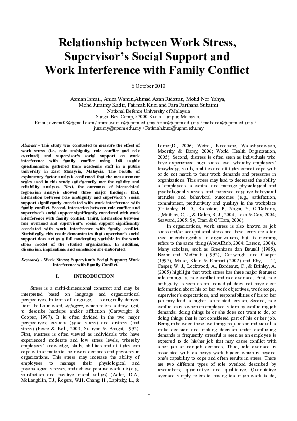 (DOC) Relationship between Work Stress, Supervisor's Social Support and ...