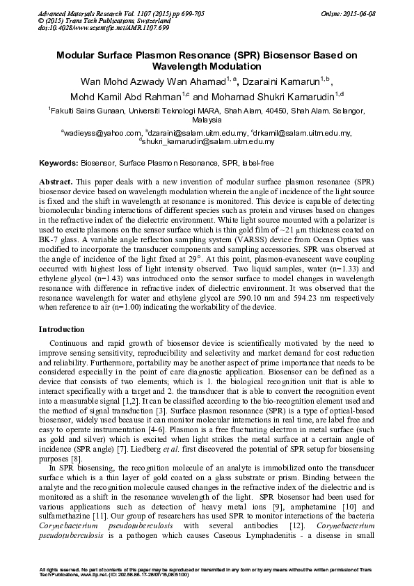 (PDF) Modular Surface Plasmon Resonance (SPR) biosensor based on wavelength modulation