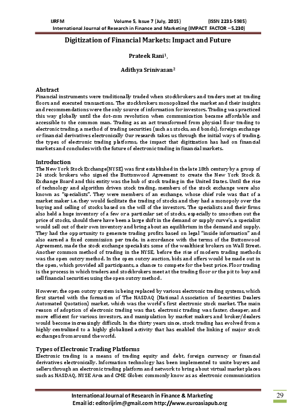 (PDF) Digitization of Financial Markets: Impact and Future