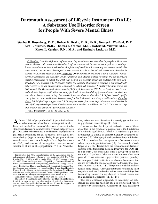 (PDF) Dartmouth Assessment of Lifestyle Instrument (DALI): A Substance ...