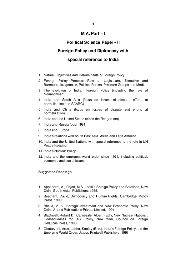 (PDF) M.A. Part – I Political Science Paper -II Foreign Policy and ...