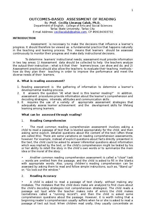 (DOC) OUTCOME-BASED ASSESSMENT OF READING