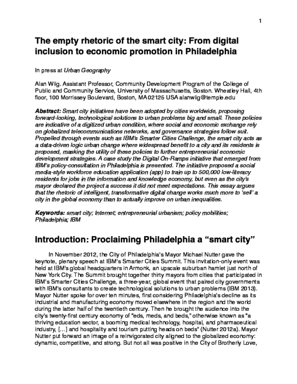 (PDF) The empty rhetoric of the smart city: from digital inclusion to ...