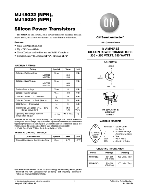 (PDF) MJ15022 - Silicon Power Transistors