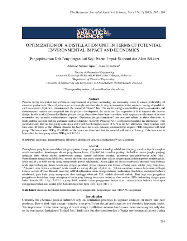 Pdf Optimization Of A Distillation Unit In Terms Of Potential
