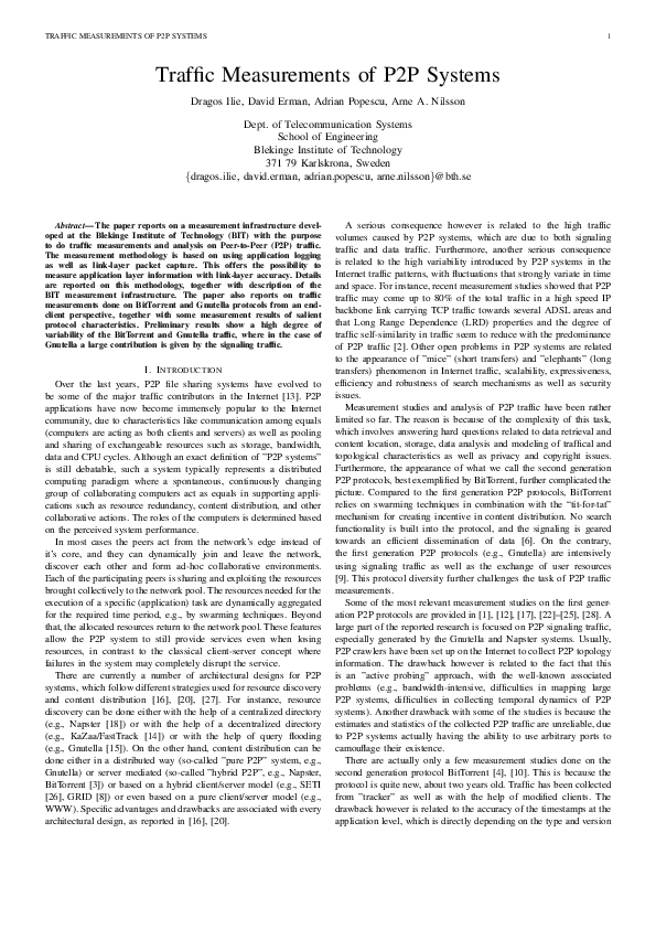 (PDF) Traffic measurements of P2P systems
