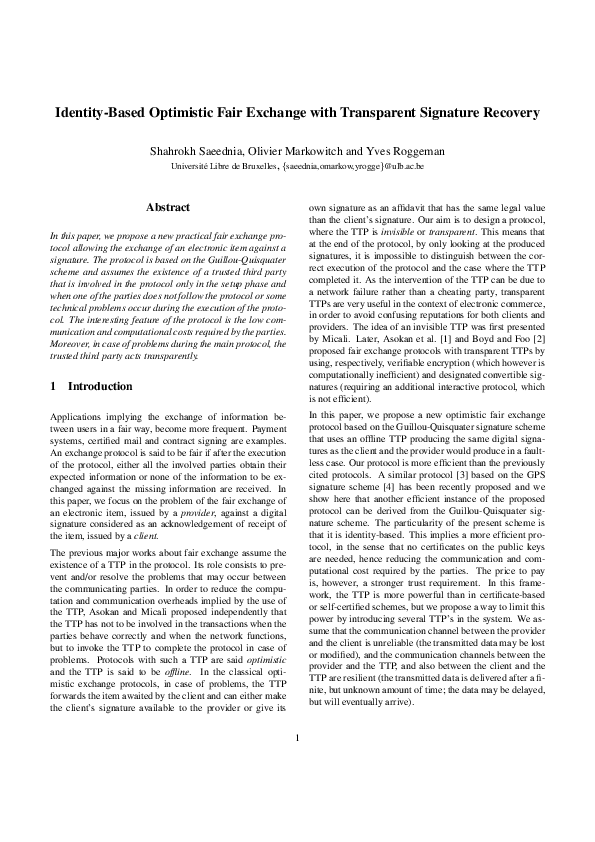 (PDF) Identity-Based Optimistic Fair Exchange with Transparent Signature Recovery