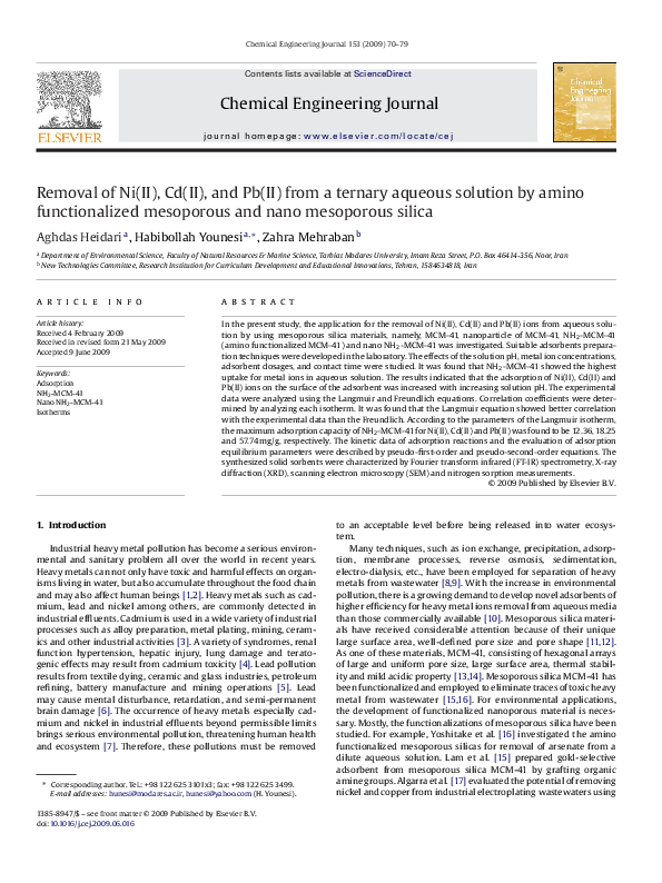 (PDF) Removal of Ni(II), Cd(II), and Pb(II) from a ternary aqueous solution by amino ...