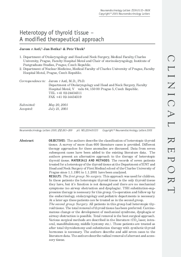 (PDF) Heterotopy of thyroid tissue - A modifi ed therapeutical approach