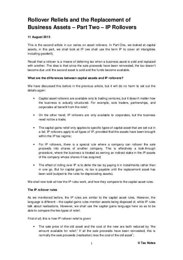 (PDF) Rollover Reliefs and the Replacement of Business Assets: Part Two ...