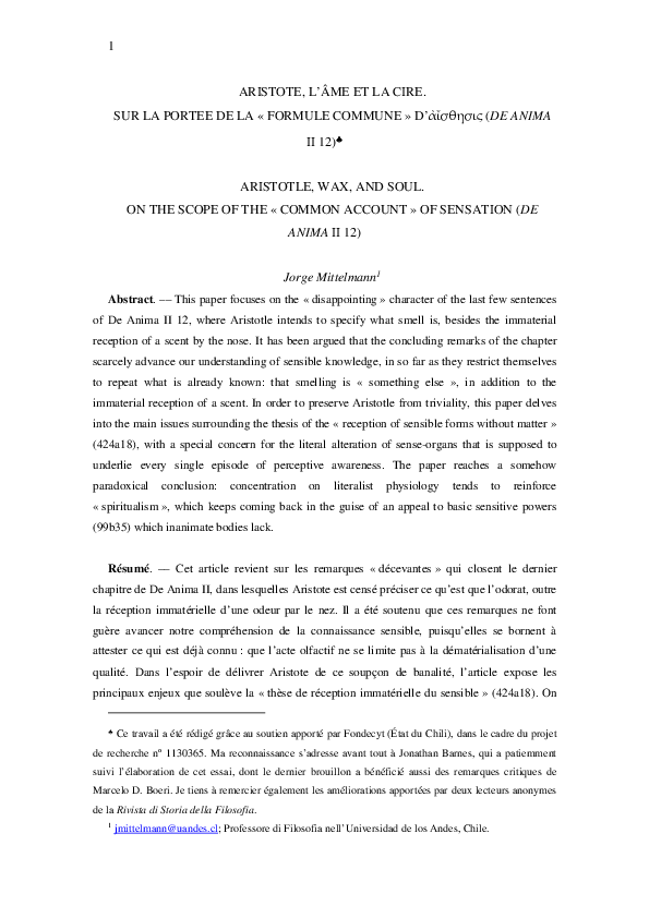 (PDF) Aristote, l'âme et la cire. Sur la portée de la formule commune d ...