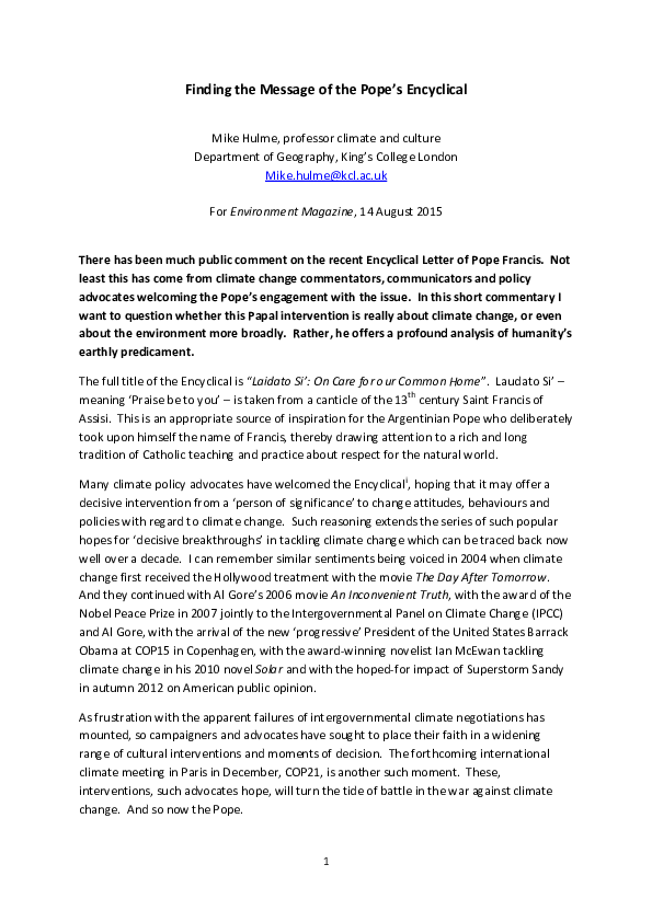 (PDF) Finding the Message of the Pope's Encyclical