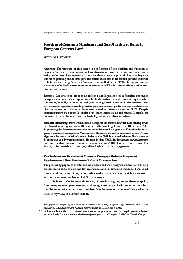 (PDF) Freedom of Contract: Mandatory and Non-Mandatory Rules in ...