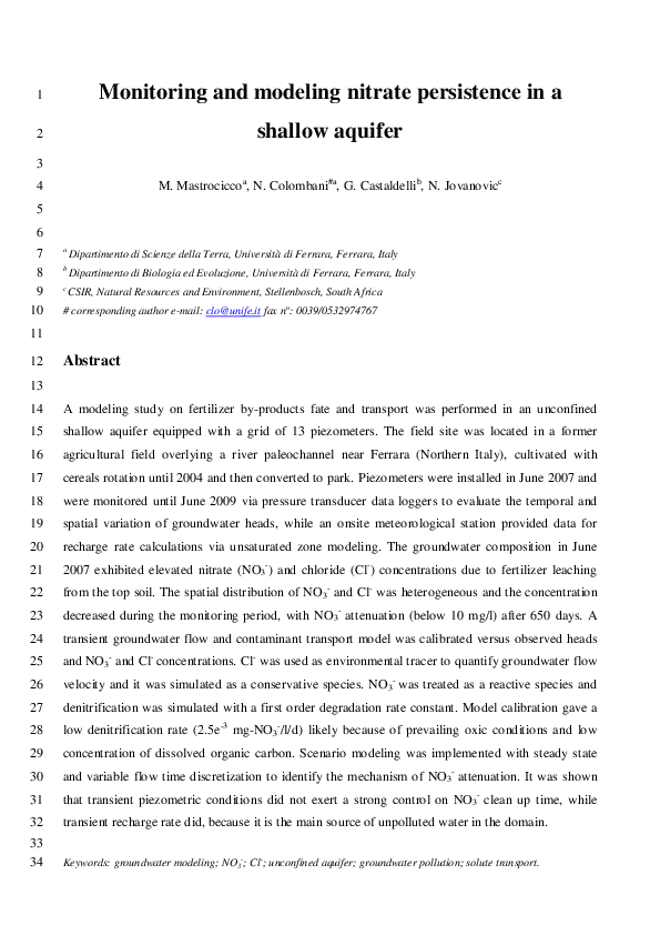 (PDF) Monitoring and Modeling Nitrate Persistence in a Shallow Aquifer