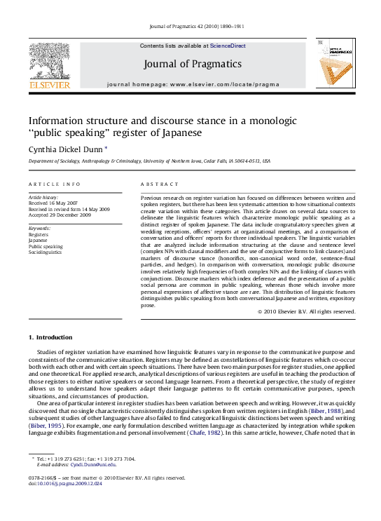 (PDF) Information Structure and Discourse Stance in a Monologic "Public ...