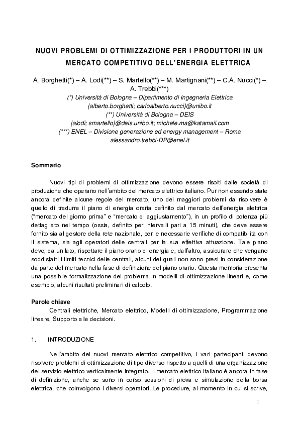 (PDF) Nuovi problemi di ottimizzazione per i produttori in un mercato ...
