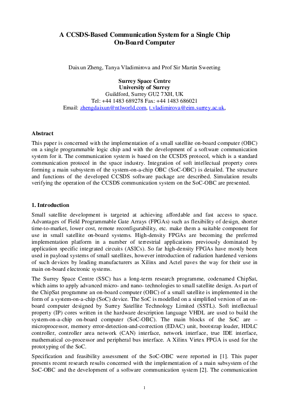Pdf A Ccsds Based Communication System For A Single Chip On Board Computer