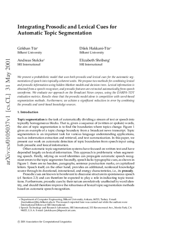 (PDF) Integrating Prosodic and Lexical Cues for Automatic Topic Segmentation