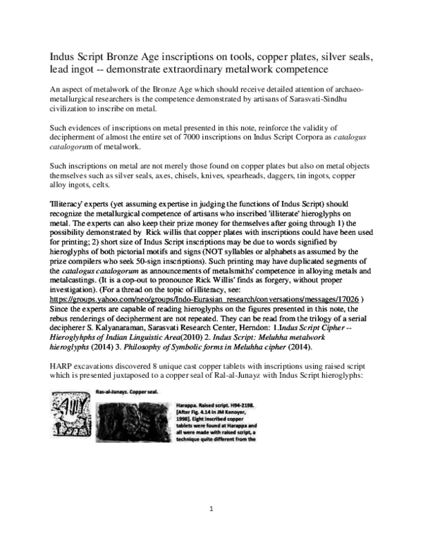(PDF) Indus Script Bronze Age inscriptions on tools, copper plates ...