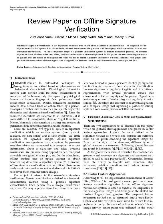 Pdf Review Paper On Offline Signature Verification