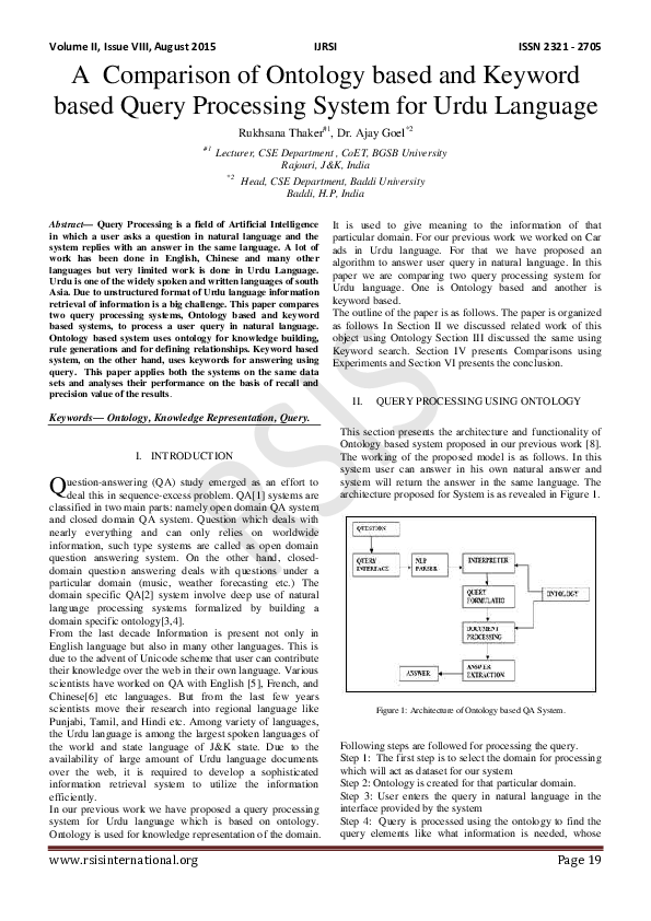 Pdf A Comparison Of Ontology Based And Keyword Based Query Processing